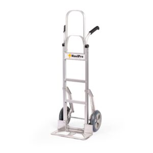 haulpro fully assembled heavy duty aluminum hand truck with stair climber | ergonomic double-grip handles-10-inch hi tech rubber wheels-500lb capacity | 52" tall hand cart- 9" x 17.5 inch nose plate