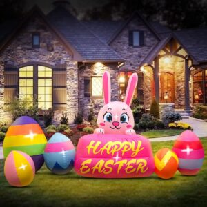 domkom 8ft easter inflatable decorations bunny with eggs, build-in led lights holiday blow up yard decoration, for easter holiday party, outdoor,garden, yard lawn decor