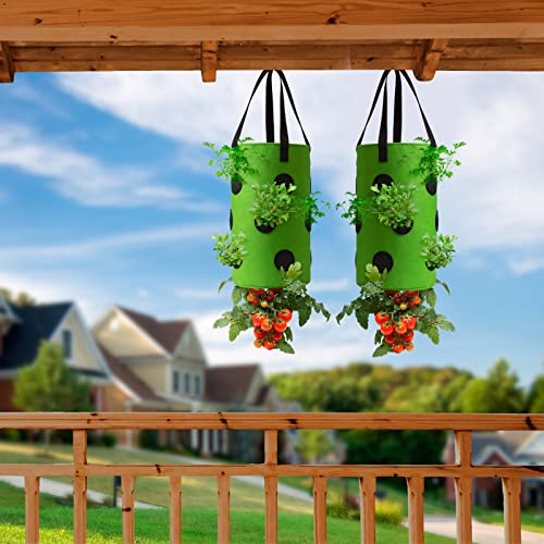 2 Pack Green Upside Down Tomato & Herb Planter, Outdoor Hanging Durable Aeration Fabric Strawberry Planter Bags