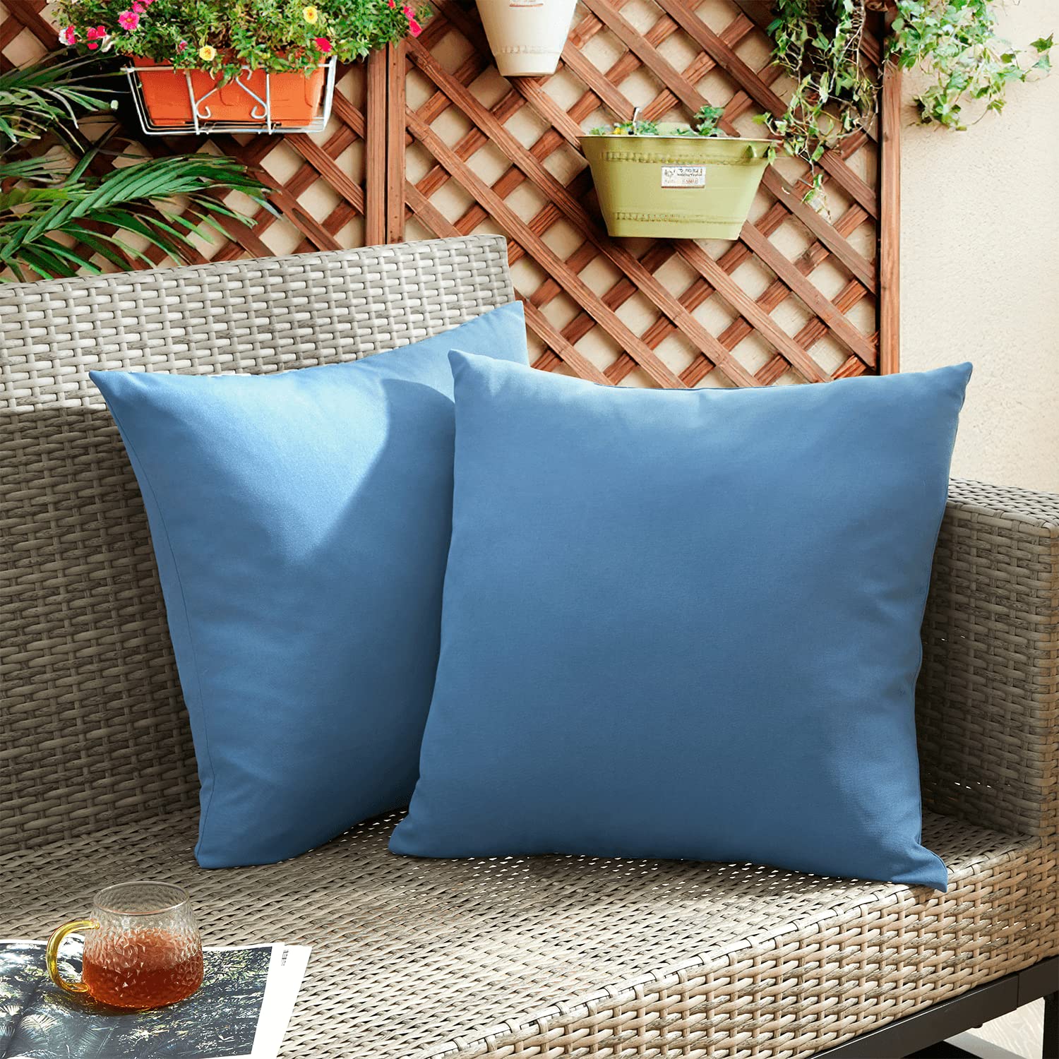 puredown® Outdoor Waterproof Throw Pillows, 20 x 20 Inch Feathers and Down Filled Decorative Square Pillows for Garden Patio Bench, Pack of 2, Blue