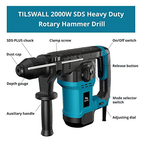 Tilswall 1-1/4 Inch SDS-Plus Rotary Hammer Drill 1500W, Safety Clutch 4 Function and Adjustable Soft Grip Handle with Vibration Control, Including Grease, Chisels and Drill Bits with Case