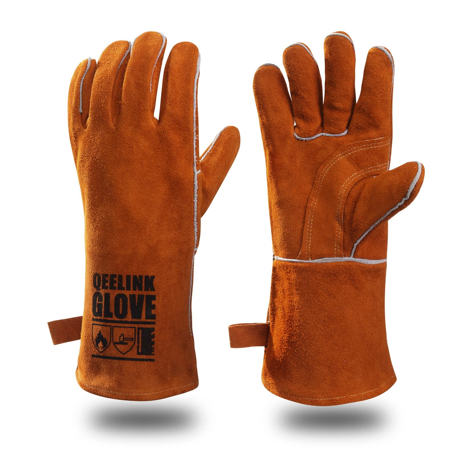 QeeLink Welding Gloves - Heat & Wear Resistant Lined Leather and Fireproof Stitching - For Welders/Fireplace/BBQ/Gardening (14-inch, Brown)