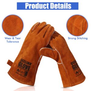 QeeLink Welding Gloves - Heat & Wear Resistant Lined Leather and Fireproof Stitching - For Welders/Fireplace/BBQ/Gardening (14-inch, Brown)