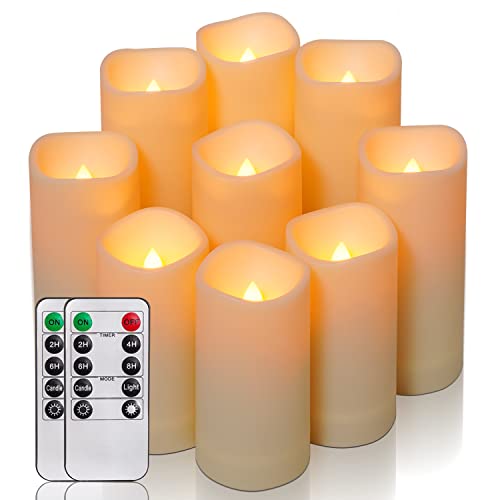 Amagic Flameless Candles Battery Operated Candles Flickering, Outdoor Waterproof LED Pillar Candles with Remote Control and Timer, D 2.2" x H 4" 5" 6", Ivory, Plastic, Set of 9