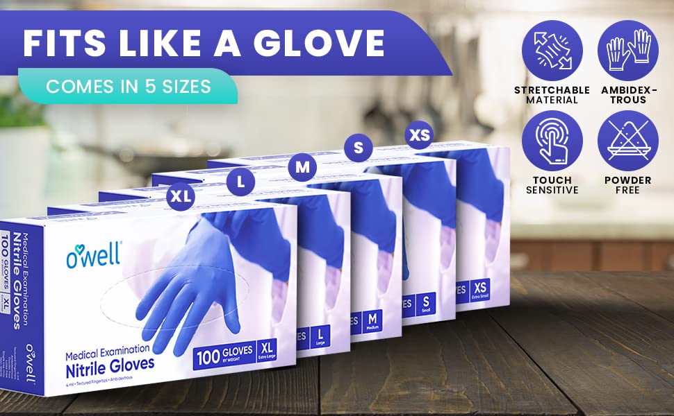 OWELL Medical Exam Nitrile Gloves | X-LARGE | 4mil Disposable Gloves, Powder-Free, Latex-Free Food Safe Certified Gloves (100ct)