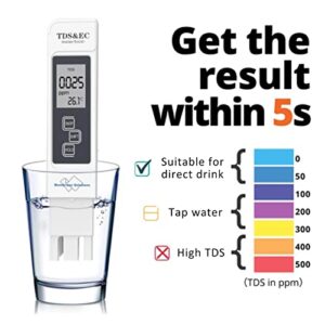 3 in 1 TDS EC Temperature Meter Pen, Digital Water Tester Kit PPM EC Meter for Drinking Water Hydroponics Aquarium RO System and Pool