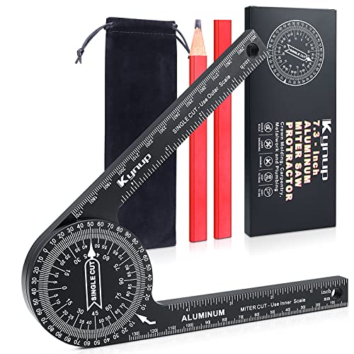 Kynup Aluminum Angle Finder, Miter Saw Protractor with 2 Pencils/Storage Bag Featuring Inch/MM, Laser Engraved Scales for Woodworking, Carpentry, Plumbing, Metalworking