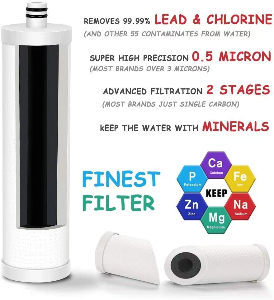 RUN.SE Countertop Filtration System, 304 Food-Grade Stainless Steel,8000 Gallons Alkaline Water Filter, Reduces 99% of Chlorine, Heavy Metals, Bad Taste (1 Filter Included)