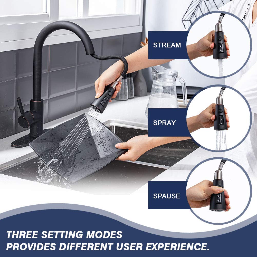 WEWE Oil Rubbed Bronze Kitchen Faucet with Pull Down Sprayer, 360 Degree Rotation, 24" Pull Out Hose, 3-Mode Setting, Easy Installation