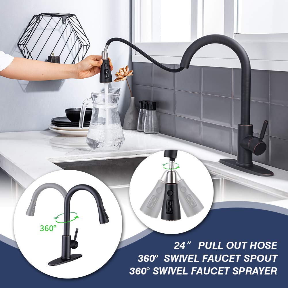 WEWE Oil Rubbed Bronze Kitchen Faucet with Pull Down Sprayer, 360 Degree Rotation, 24" Pull Out Hose, 3-Mode Setting, Easy Installation