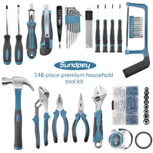 Sundpey Home Tool Kit 148-Pcs - Household Basic Complete Hand Repair portable Tool Set with Case & Ratcheting Screwdriver & Hex Key & Pliers & Wrench & Voltage Tester & Water Pump Plier for Men Women