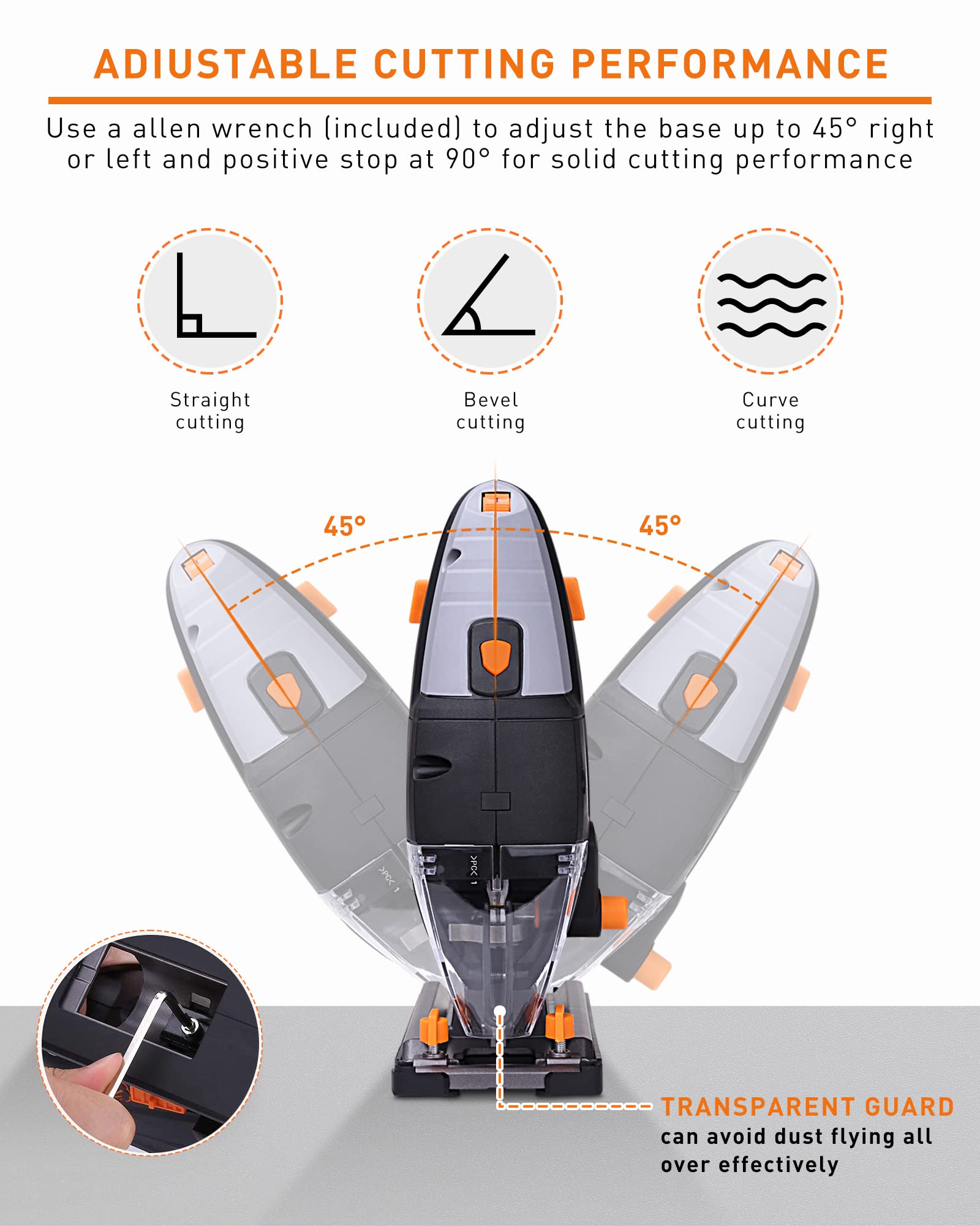 6.7 Amp 800W Jigsaw, ENGiNDOT (800-3000 SPM) Jig Saw with 6 Variable Speed, Laser & LED, 4 Orbital Sets, 6 Blades, 45° Bevel Cutting, Scale Ruler, Dust Blowing for Wood, Metal and Plastic Cutting