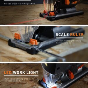 6.7 Amp 800W Jigsaw, ENGiNDOT (800-3000 SPM) Jig Saw with 6 Variable Speed, Laser & LED, 4 Orbital Sets, 6 Blades, 45° Bevel Cutting, Scale Ruler, Dust Blowing for Wood, Metal and Plastic Cutting