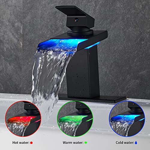 LOOPAN LED Light Bathroom Faucet Waterfall One Hole Single Handle Black Faucet for Bathroom Sink Mount Vanity Faucet Lead-Free with Hoses for Commercial Residential