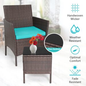 PayLessHere 3-Piece Outdoor Wicker Conversation Bistro Set Outdoor Patio Porch Furniture Sets for Yard, Garden with 2 PE Rattan Wicker Chairs, 2 Cushions,1 Coffee Table (Blue)