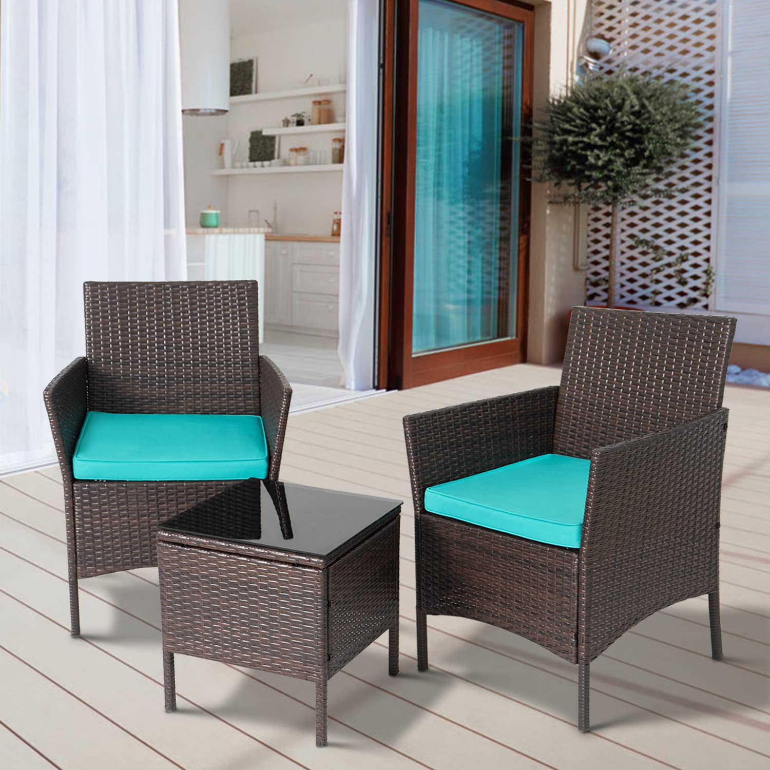 PayLessHere 3-Piece Outdoor Wicker Conversation Bistro Set Outdoor Patio Porch Furniture Sets for Yard, Garden with 2 PE Rattan Wicker Chairs, 2 Cushions,1 Coffee Table (Blue)