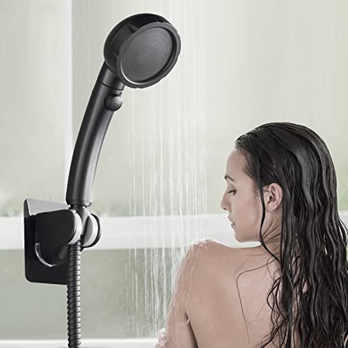 HANLIAN Handheld Shower Head Holder and Shower Hose Replacement, Wall Mount Shower Head Holder Adhesive and 59 Inch Stainless Steel Shower Hose, Adjustable Shower Head Bracket and Hose Kit (Black)