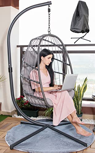 MOJIA Egg Chair with Stand and Oxford Cover, 450lbs Capacity Patio Wicker Hanging Swing Chair Indoor Outdoor with UV Resistant Cushion and Foldable Seat Basket