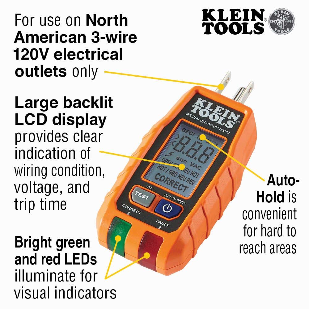 Klein Tools RT250 GFCI Receptacle Tester with LCD Display, for Standard 3-Wire 120V Electrical Outlets & Finder Accessory Kit, Circuit Breaker Leads, Circuit Breaker Adapters Klein Tools 69411