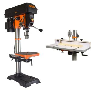 wen 4214t 12 in. variable speed drill press & dpa2412t 24 in. x 12 in. drill press table with an adjustable fence and stop block