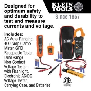 Klein Tools CL120VP Electrical Voltage Test Kit with Clamp Meter, Three Testers, Test Leads, Pouch and Batteries & ET310 AC Circuit Breaker Finder with Integrated GFCI Outlet Tester