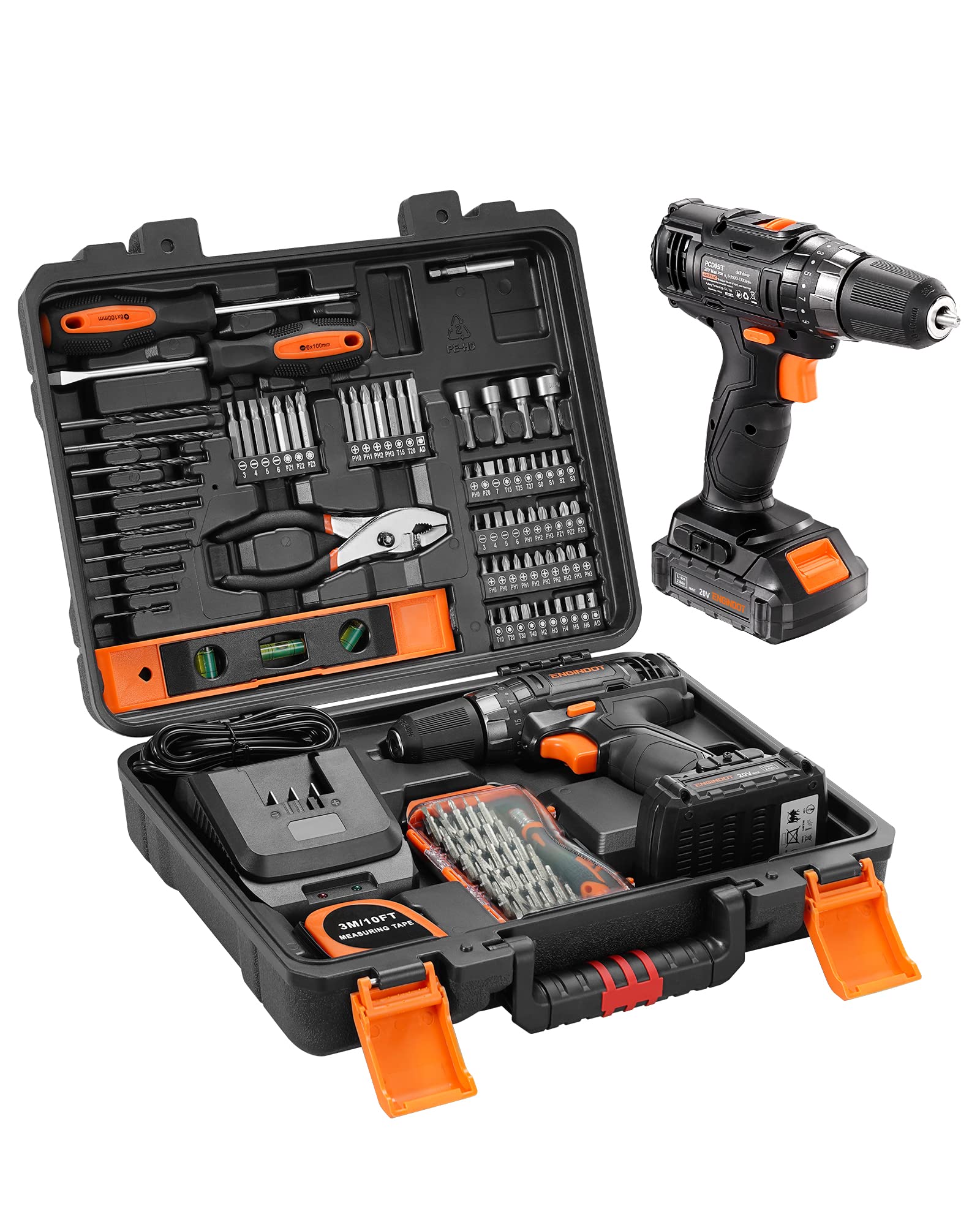 ENGiNDOT Tool Set with Drill, Cordless Drill Tool Kit 108Pcs Household Power Tools Drill Set with 20V Li-Ion Battery & Charger for Home Tool Kit