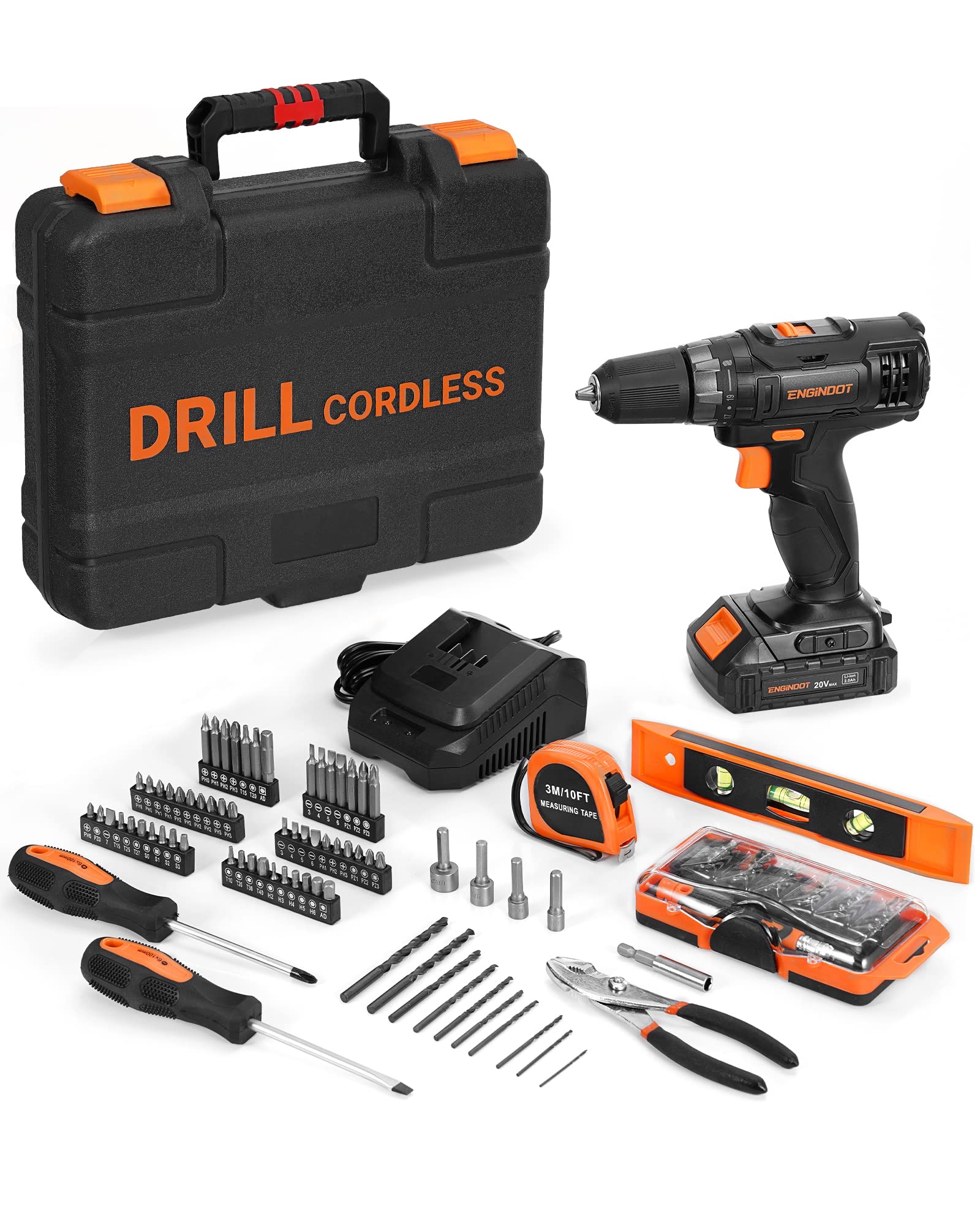 ENGiNDOT Tool Set with Drill, Cordless Drill Tool Kit 108Pcs Household Power Tools Drill Set with 20V Li-Ion Battery & Charger for Home Tool Kit