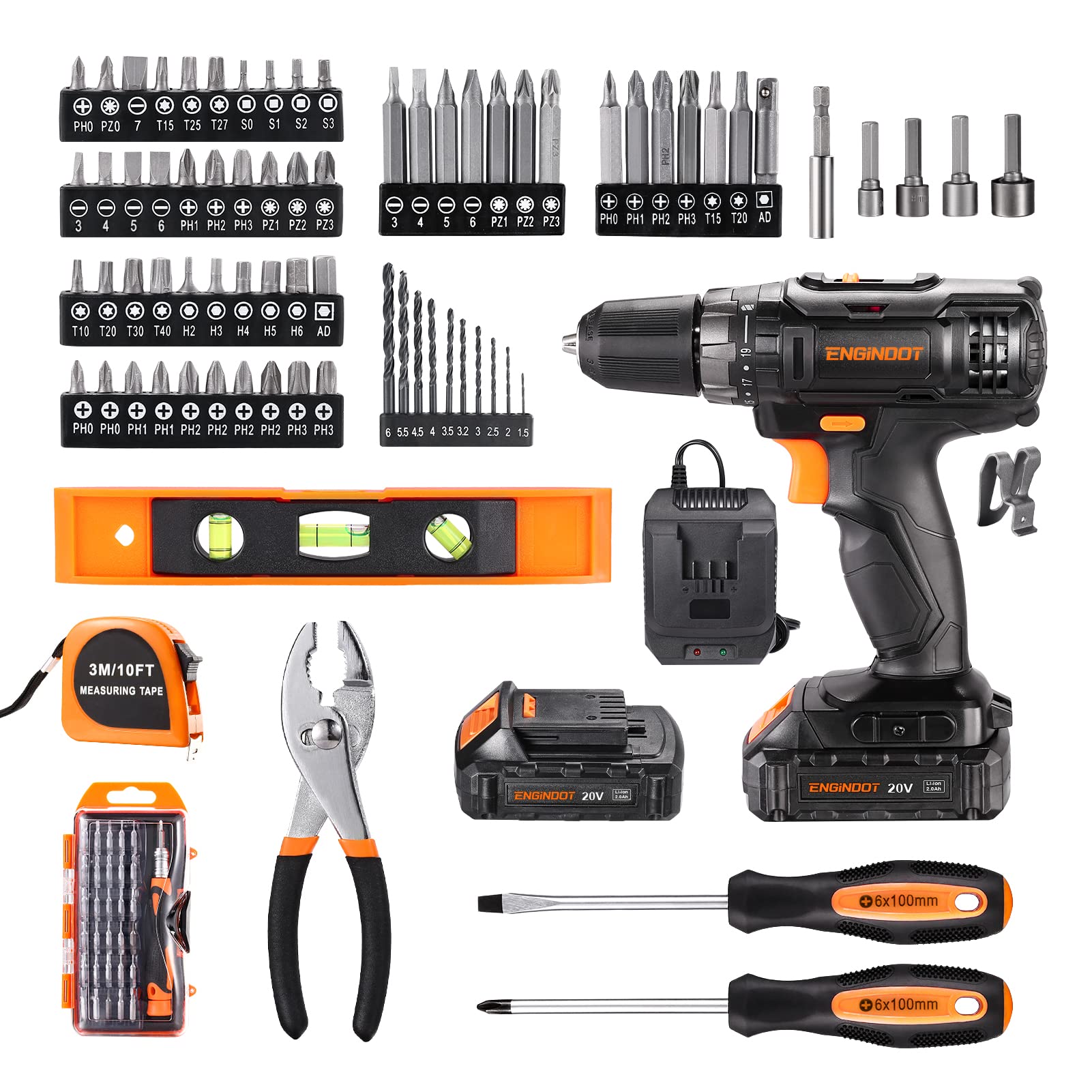 ENGiNDOT Tool Set with Drill, Cordless Drill Tool Kit 108Pcs Household Power Tools Drill Set with 20V Li-Ion Battery & Charger for Home Tool Kit