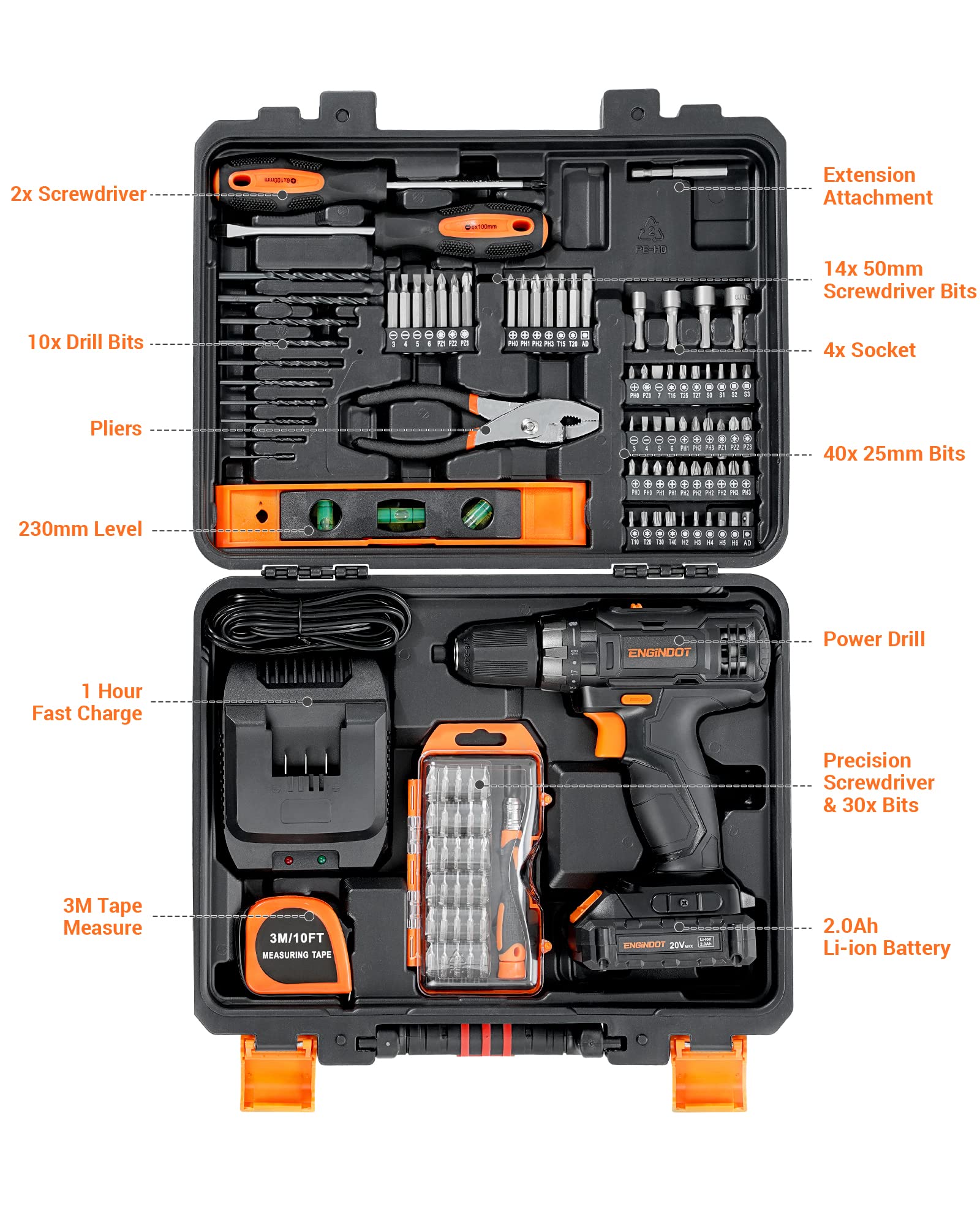 ENGiNDOT Tool Set with Drill, Cordless Drill Tool Kit 108Pcs Household Power Tools Drill Set with 20V Li-Ion Battery & Charger for Home Tool Kit