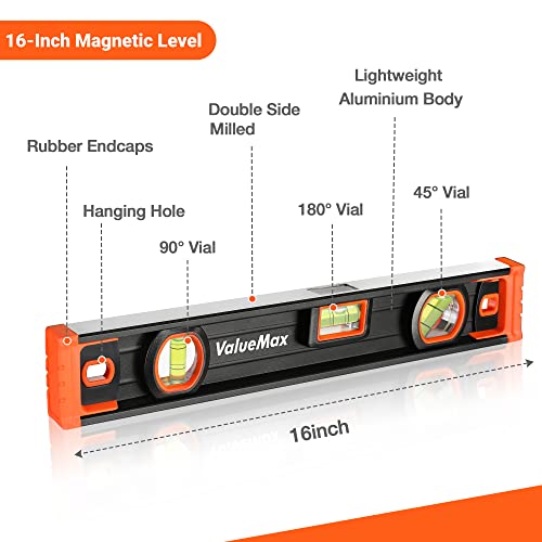 ValueMax 16-Inch Torpedo Level, Magnetic Leveler Tool with 3 High-visibility Bubbles 45°/90°/180°, Overhead Viewing Window, Rubber Endcaps, Aluminium Body, Bubble Level for Home Outdoor Measurements