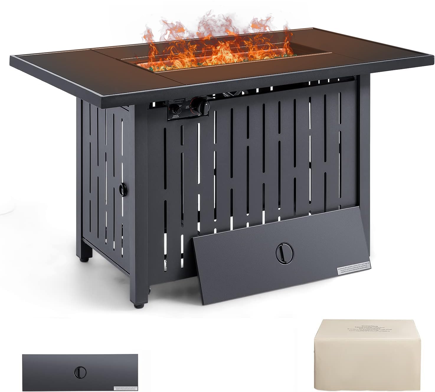 Devoko 43 inch Propane Gas Fire Pit Table Outdoor 50,000 BTU Auto lgnition Patio Propane Gas Firepit with Tempered Glass Desktop and Glass Stone, Black