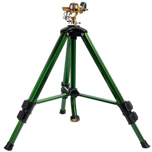 hourleey impact sprinkler on tripod base, heavy duty brass sprinklers for yard lawn garden, 0-360 degree large area coverage, 3/4 inch connector extension legs flip locks with brass sprinkler head