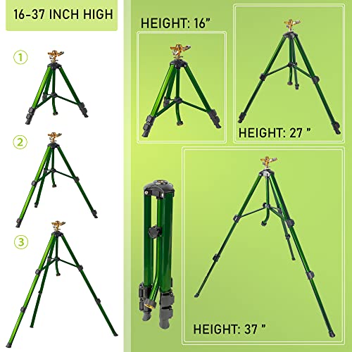 Hourleey Impact Sprinkler on Tripod Base, Heavy Duty Brass Sprinklers for Yard Lawn Garden, 0-360 Degree Large Area Coverage, 3/4 Inch Connector Extension Legs Flip Locks with Brass Sprinkler Head