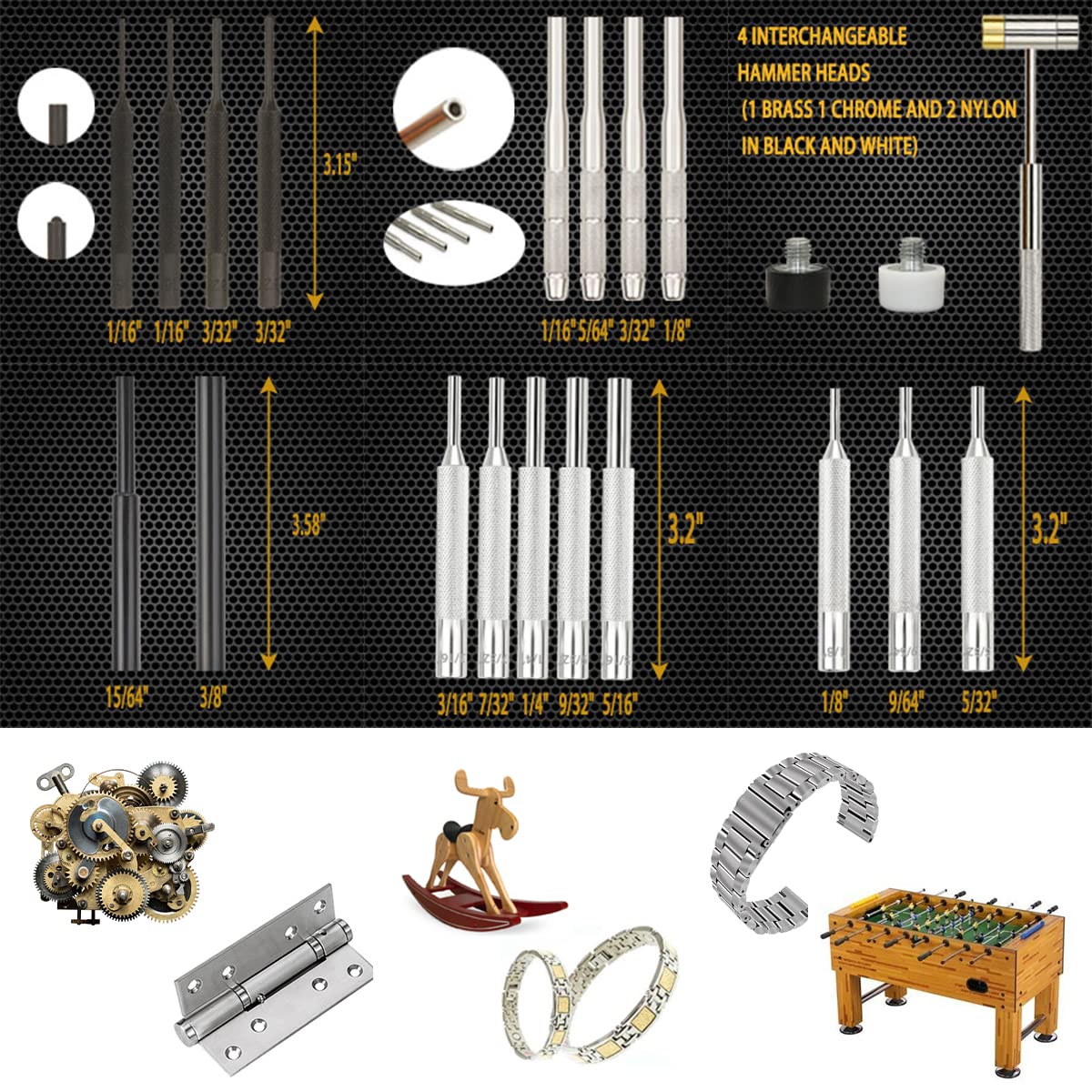 BESTNULE Punch Set, Pin Punches, Punch Tool, Roll Pin Punch Set, Made of High Quality Metal Material Including Punches and Hammer, Mechanical Repair Tool, with Organizer Storage Box (with Bench Block)