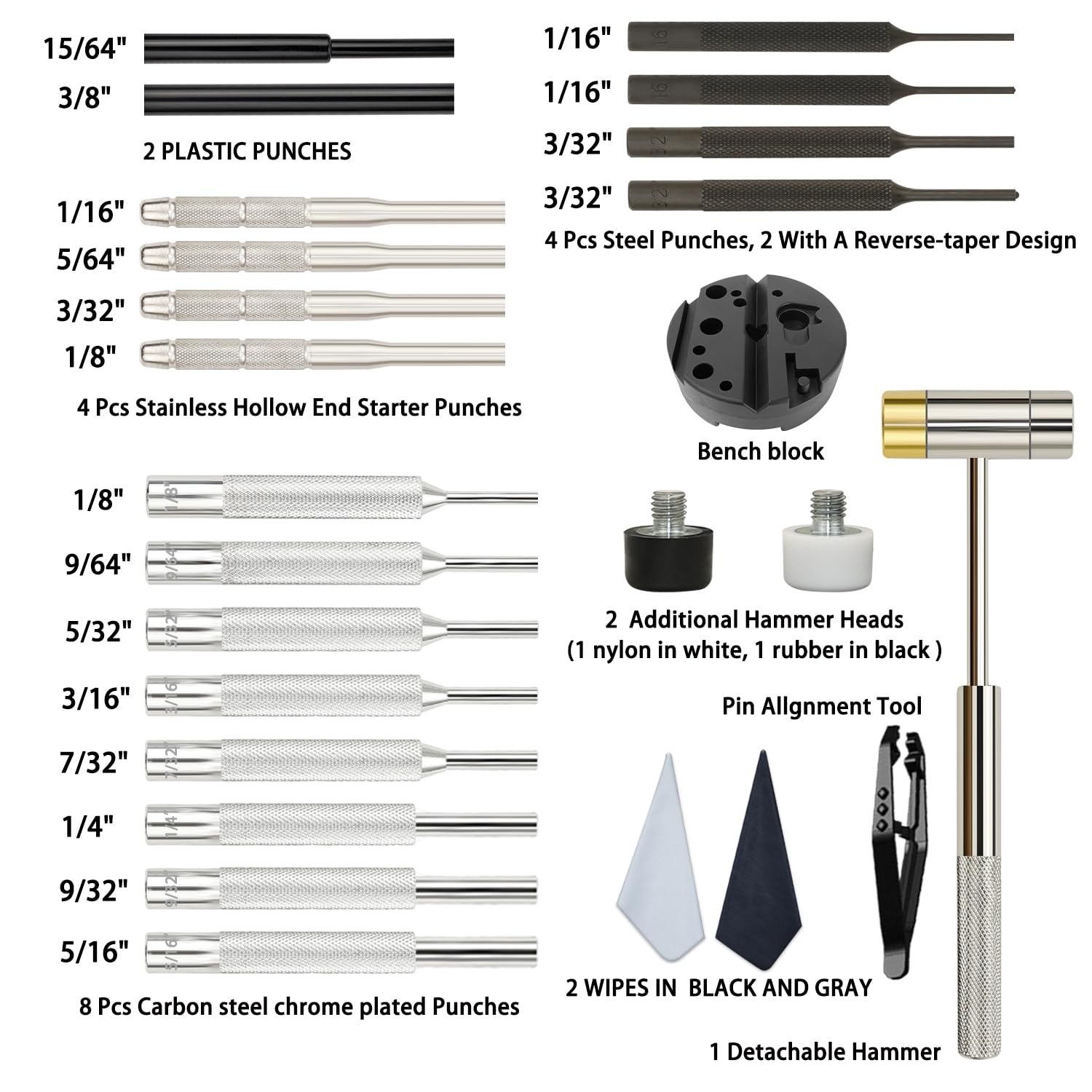 BESTNULE Punch Set, Pin Punches, Punch Tool, Roll Pin Punch Set, Made of High Quality Metal Material Including Punches and Hammer, Mechanical Repair Tool, with Organizer Storage Box (with Bench Block)