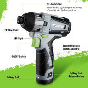 WORKPRO Cordless Impact Driver Kit, 1/4” Hex Electric Impact Drill/Driver Set with 12V 2.0Ah Lithium-ion Battery, 1 Hour Fast Charge, Variable Speed, 14pc Driver Bits and Tool Bag Included