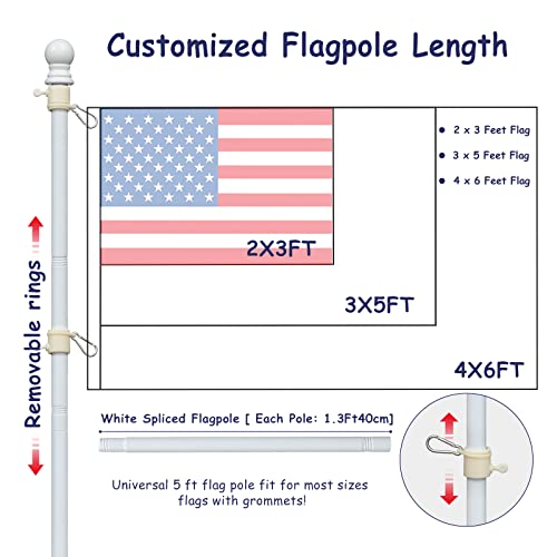 HOSKO White Flag Pole - 5ft Tangle Free Flag Pole Kit for 3x5 Flags, 1 inch Stainless Steel Flag Pole for House Outdoor Porch Decoration