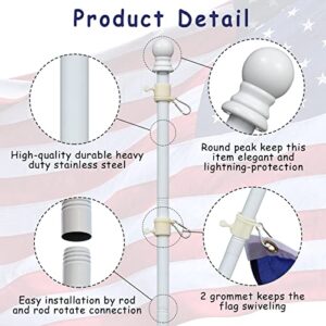 HOSKO White Flag Pole - 5ft Tangle Free Flag Pole Kit for 3x5 Flags, 1 inch Stainless Steel Flag Pole for House Outdoor Porch Decoration