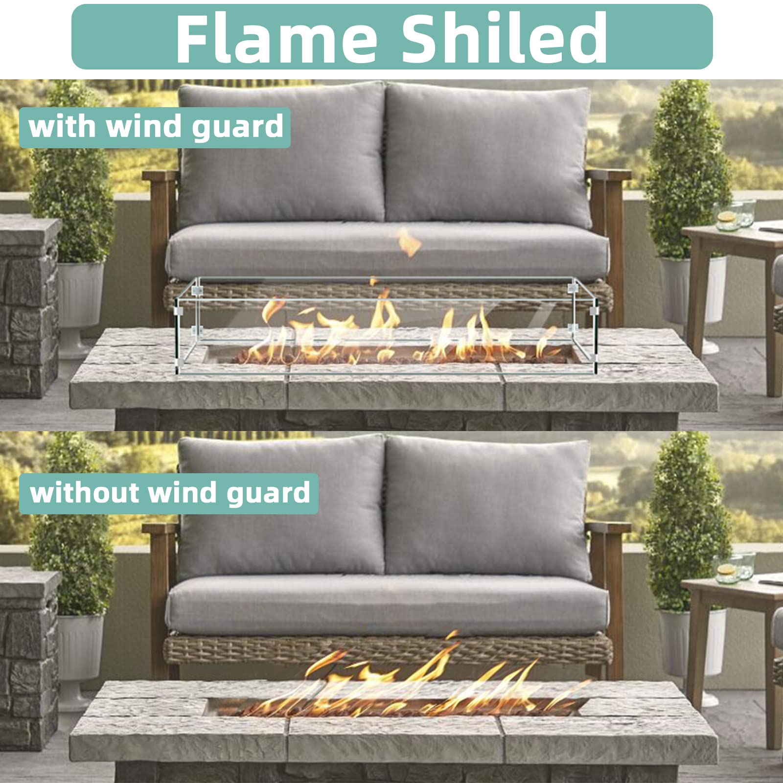 Uniflasy Fire Pit Glass Wind Guard 29" x 13" x 6" Flame/Wind Guard Fence Tempered Glass for Fire Pit Burner Pans Rectangle Outdoor Clear Tempered Glass Flame Shield for Fire Pit Table, 5/16" Thick