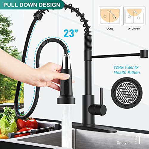 Gptoylife Kitchen Spring Faucets with Pull Down Sprayer-3 Functions Sprayer Commercial Kitchen Sink Faucets | Stainless Steel Single Handle Matte Black Kitchen Faucets for RV Utility Sink with Deck