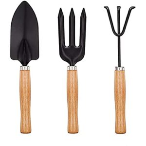 mini garden tools set of 3, succulent plants tools wood handle rake, fork and shovel, garden hand transplanting gardening tools set for seedlings, bonsai, succulents, herbs, terrariums and planting