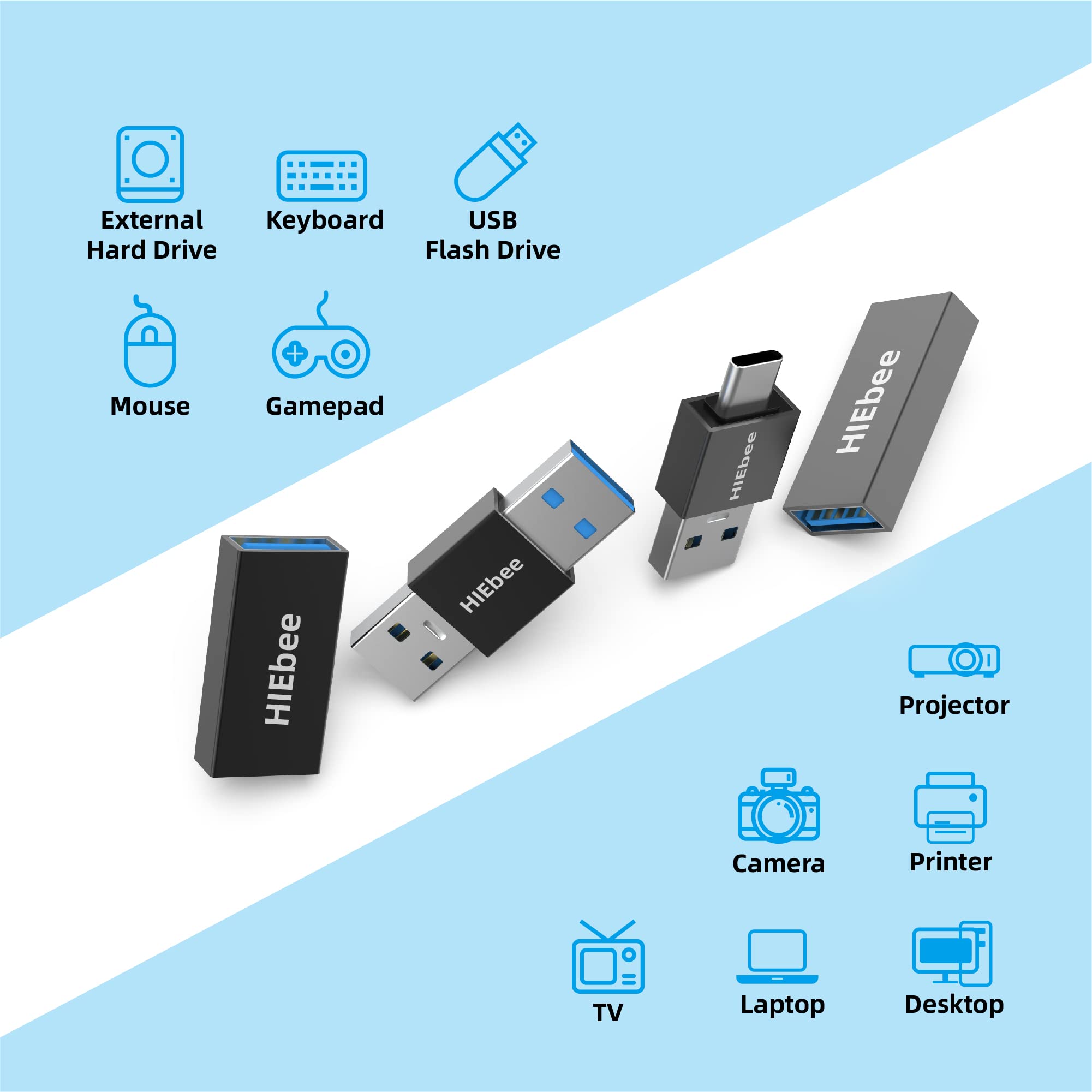 HIEbee USB 3.0 A to A Male Adapter, USB Female to Female Adapter, USB Type-C to USB A Male Adapter, USB 3.0 Female to USB C Female Adapter Connector Compatible with Hard Drive, Laptop etc