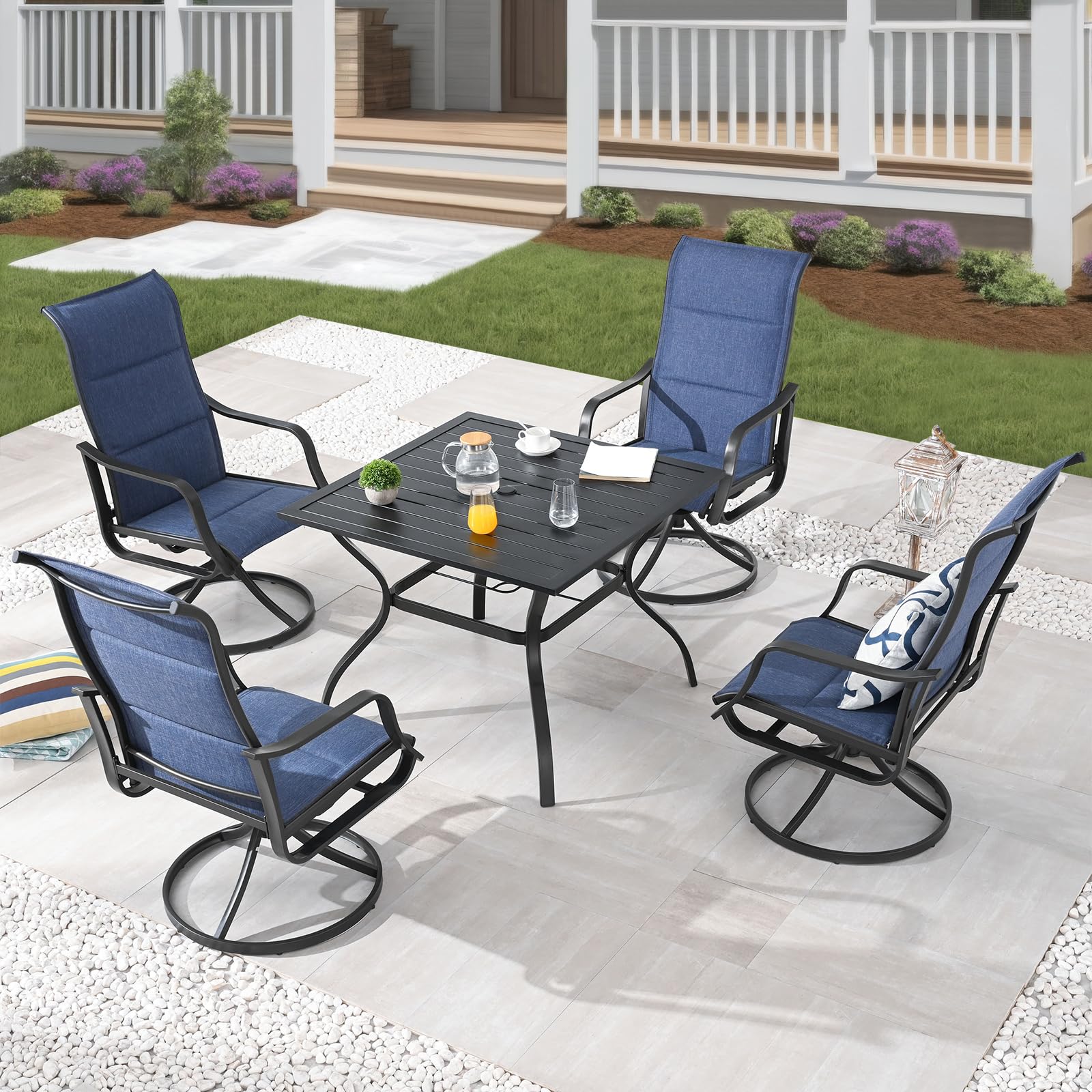 PatioFestival Patio Dining Set 5 Pieces Metal Frame Outdoor Furniture Sets Outside Swivel Rocker Chairs Suqare Table with All Weather Frame (Blue)