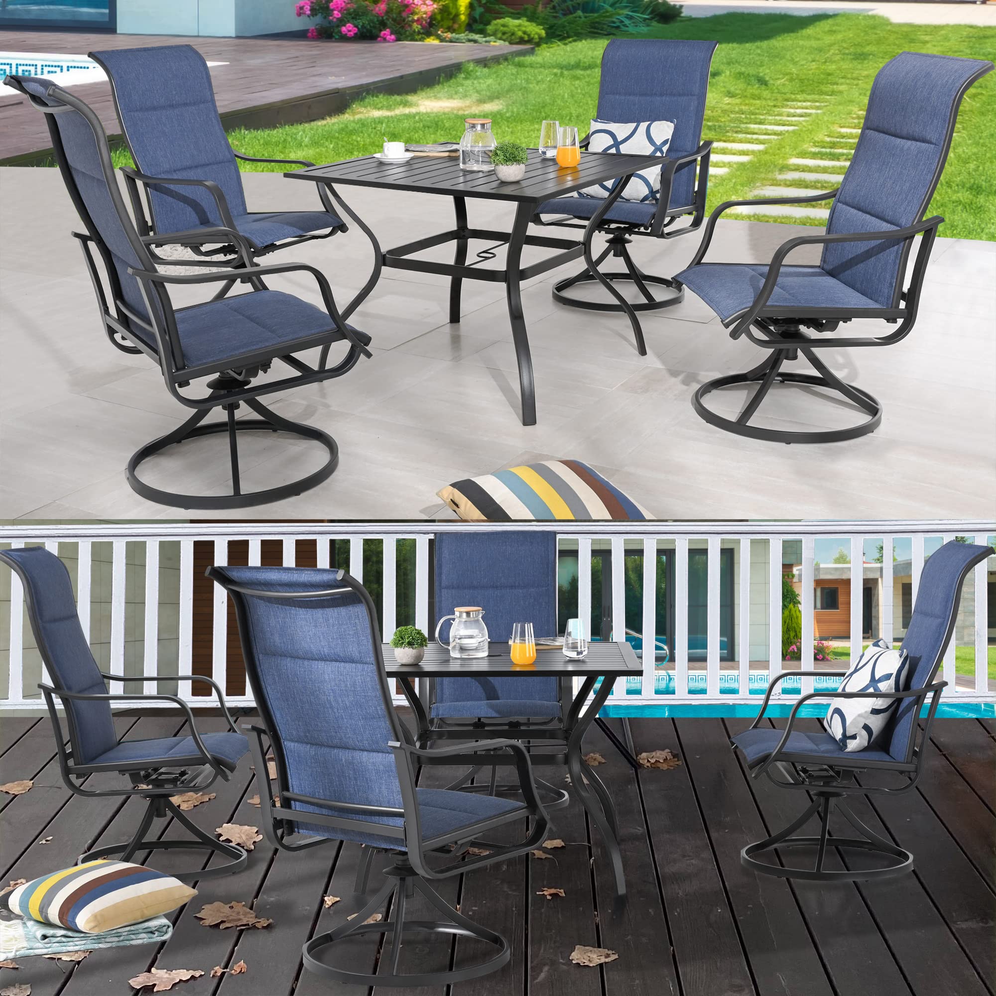 PatioFestival Patio Dining Set 5 Pieces Metal Frame Outdoor Furniture Sets Outside Swivel Rocker Chairs Suqare Table with All Weather Frame (Blue)