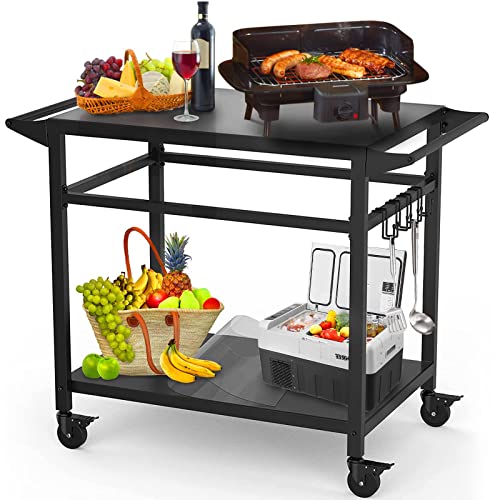 RAXSINYER 20"x32" Double-Shelf Grill Table Movable Grill Cart, Outdoor Food Prep and Pizza Oven Table, Grill Stand Fits Blackstone Griddle 17" 22"