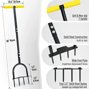 Colwelt Spike Lawn Aerator, Manual Aerator for Compacted Soils and Lawns, Non-Slip T-Handle Spike Aeration with Four 3.5-Inch Solid Steel Spikes, 38-Inch