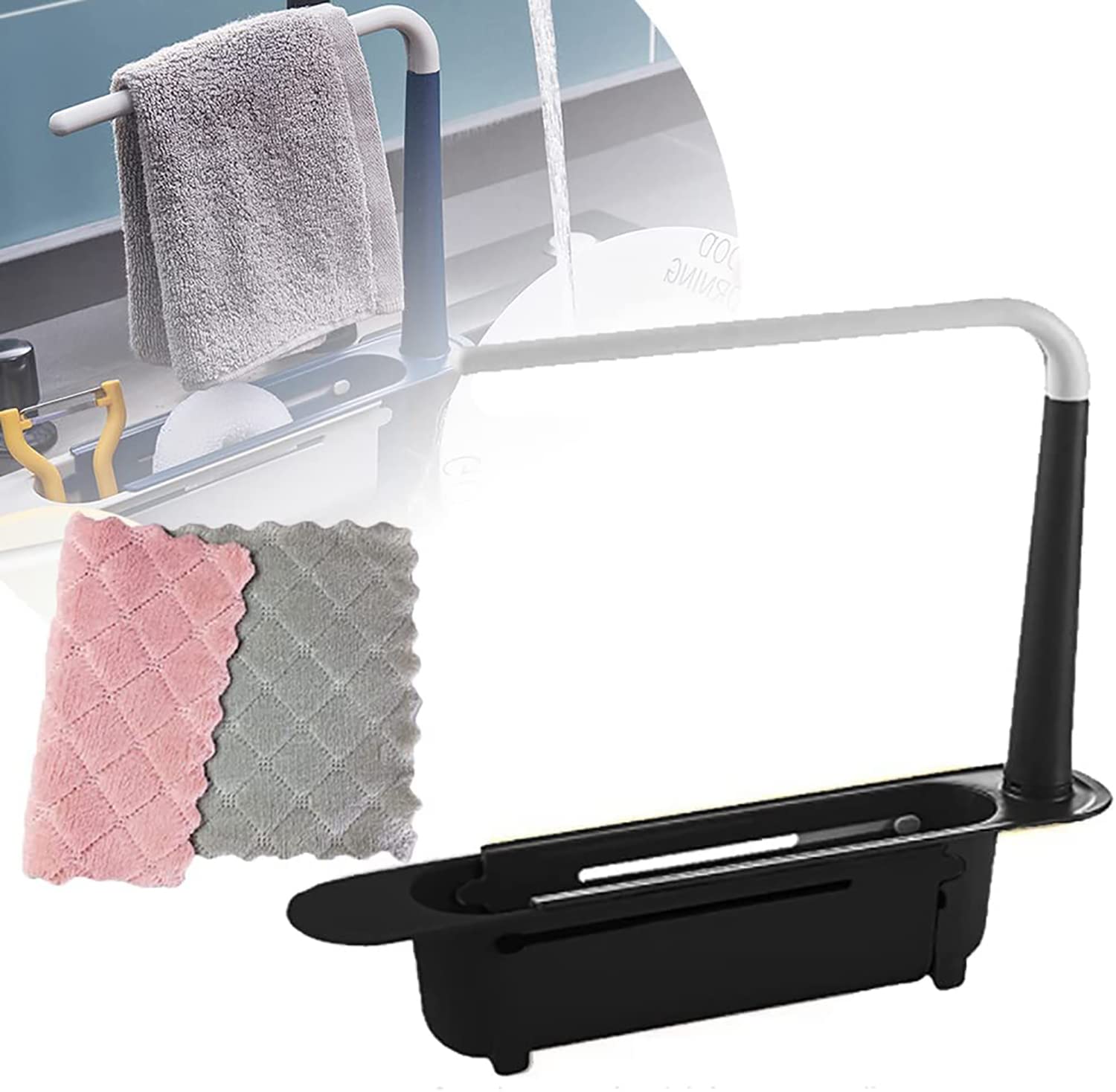 QNMD Updated Adjustable 2-in-1 Telescopic Sink Storage Rack Holder,Telescopic Sponge Holder Towel Rack for Kitchen Sink,Sink Storage Rack Holder Telescoping Sink Caddy