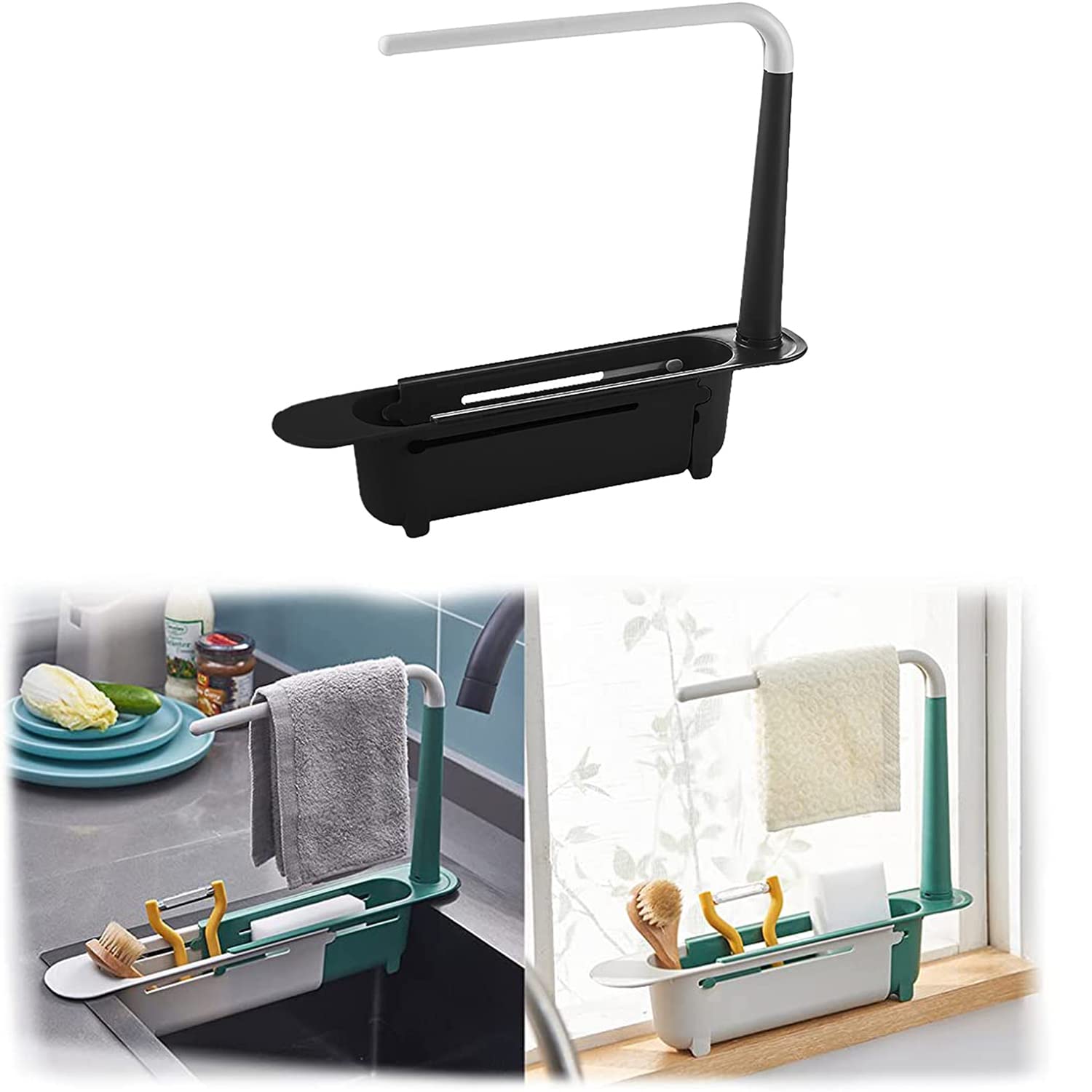 QNMD Updated Adjustable 2-in-1 Telescopic Sink Storage Rack Holder,Telescopic Sponge Holder Towel Rack for Kitchen Sink,Sink Storage Rack Holder Telescoping Sink Caddy