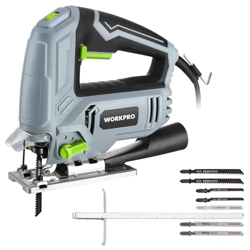 WORKPRO Jig Saw, Heavy Duty Design, 5 AMP 3000 SPM, Jigsaw Tool Corded Electric Power Cutter for Wood, Metal and Plastic Cutting, 7 Blades