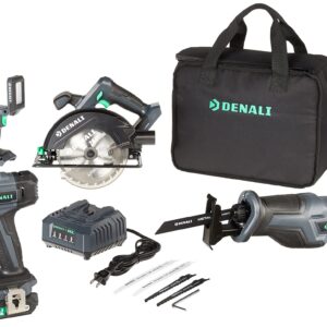 Amazon Brand - Denali by SKIL 20V Cordless Drill, Reciprocating & Circular Saw, Work Light With (2) 2.0Ah Lithium Batteries, 2.4A Charger & Carry Bag